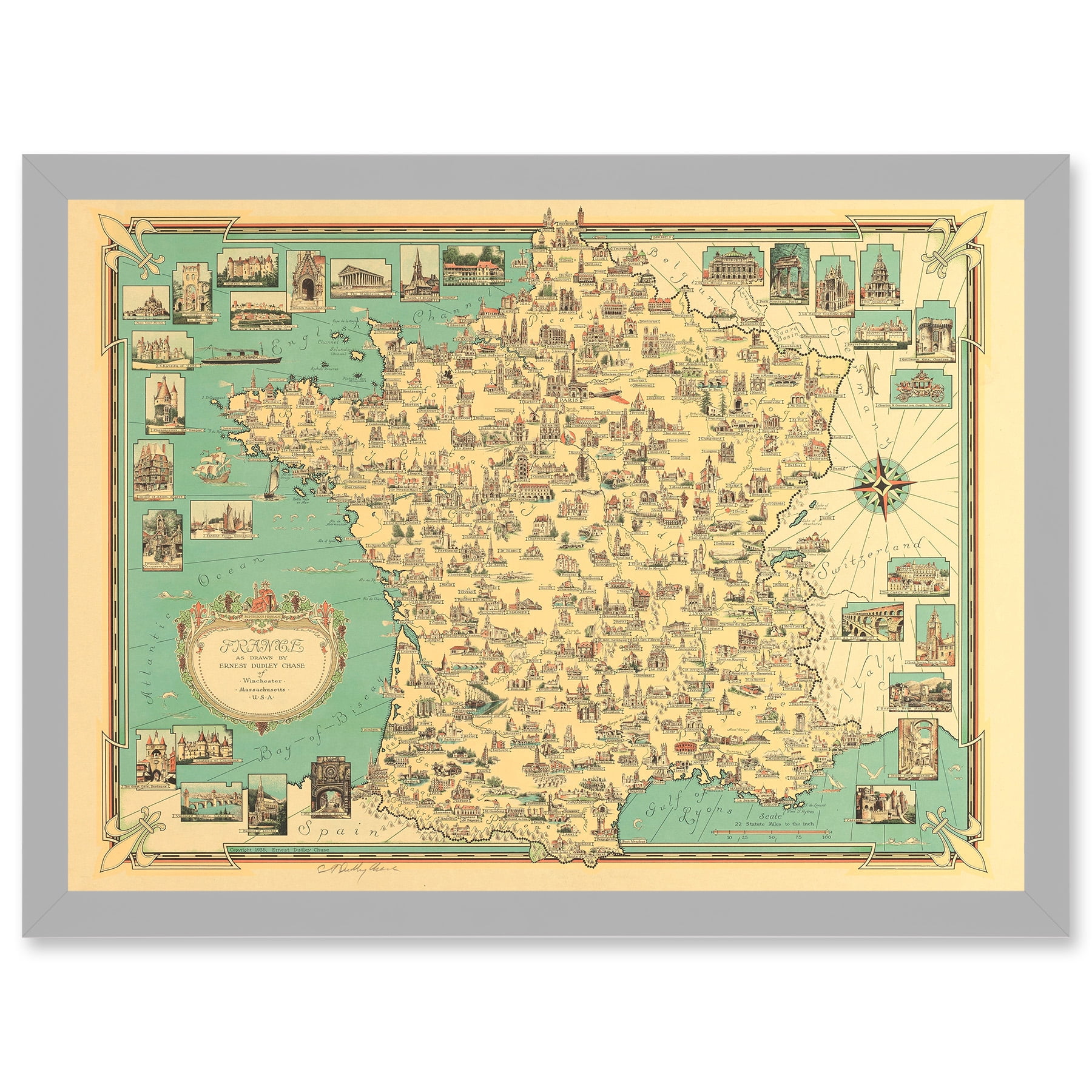Chase 1935 Pictorial Map France Historic Monuments Buildings Artwork Framed Wall Art Print A4 ...