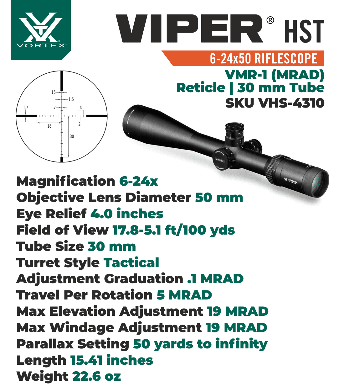 Buy Vortex Optics Viper HST 6-24x50 VMR-1 (MRAD), 30 mm Tube with Pro ...