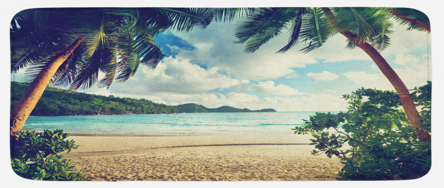 Palm Tree Kitchen Mat, Summer Beach Vintage Style Tropical Sunset ...