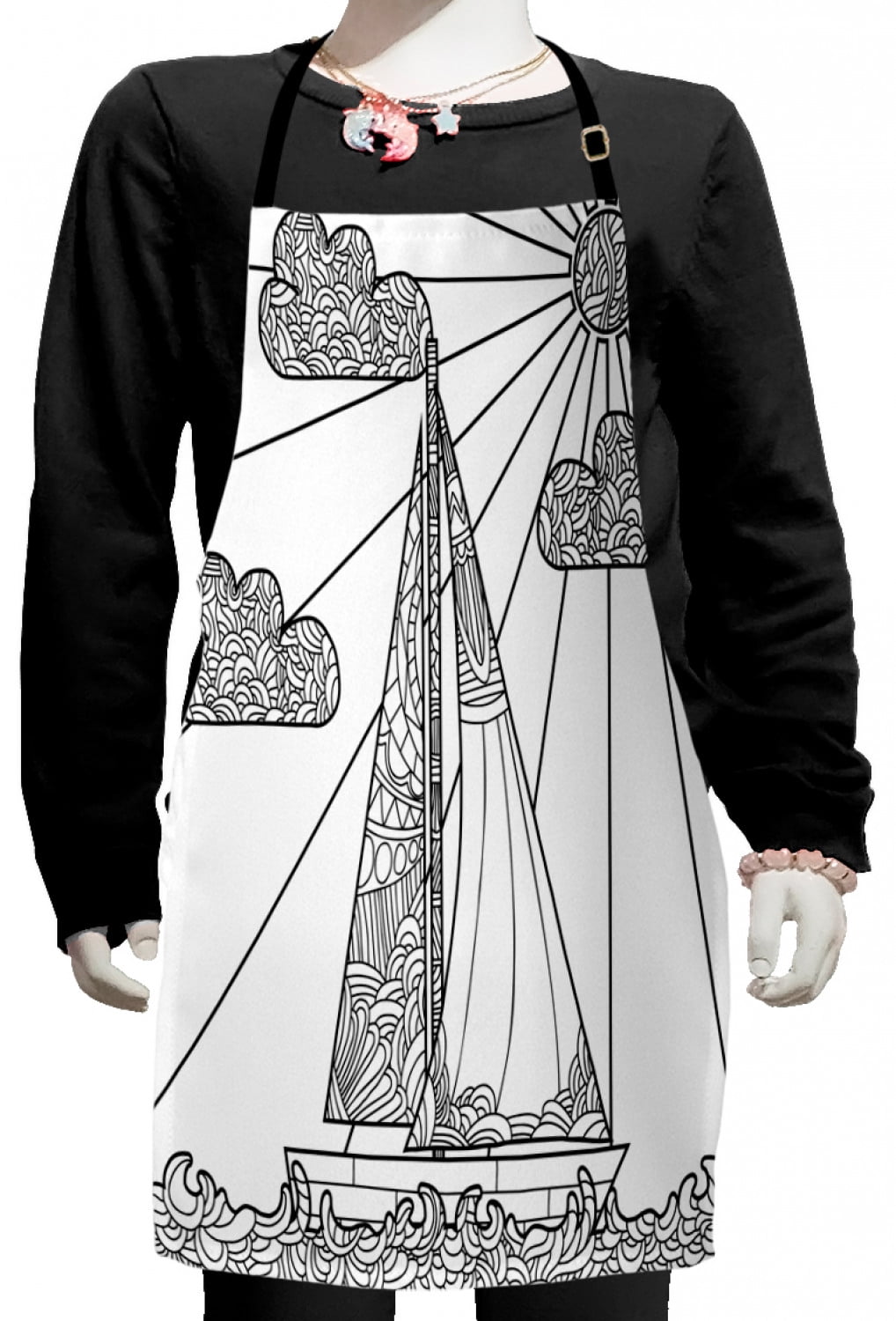 Nautical Kids Apron, Doodle Boat Floating on Waves Ornate Rope Features ...