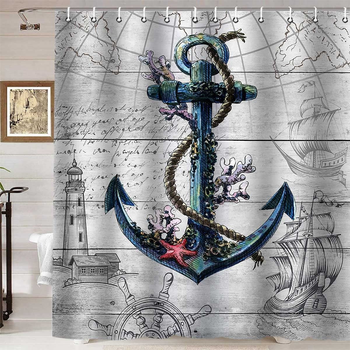 Nautical Vintage Blue Anchor Shower Curtain, Ocean Sea Animal Starfish ...