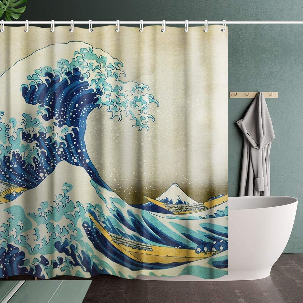 Bathroom Wave Shower Curtain Set with Hooks,The Great Wave Off Kanagawa ...