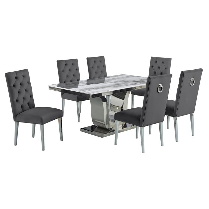 White Marble 7 piece Dining Set with Silver Stainless Steel Base ...