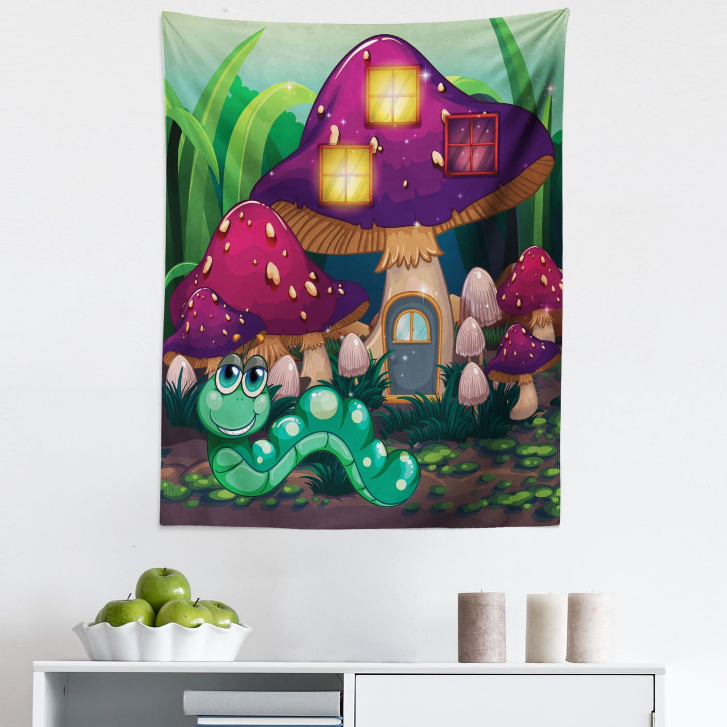 Colorful Tapestry, Illustration of a Long Worm near Mushroom Houses ...