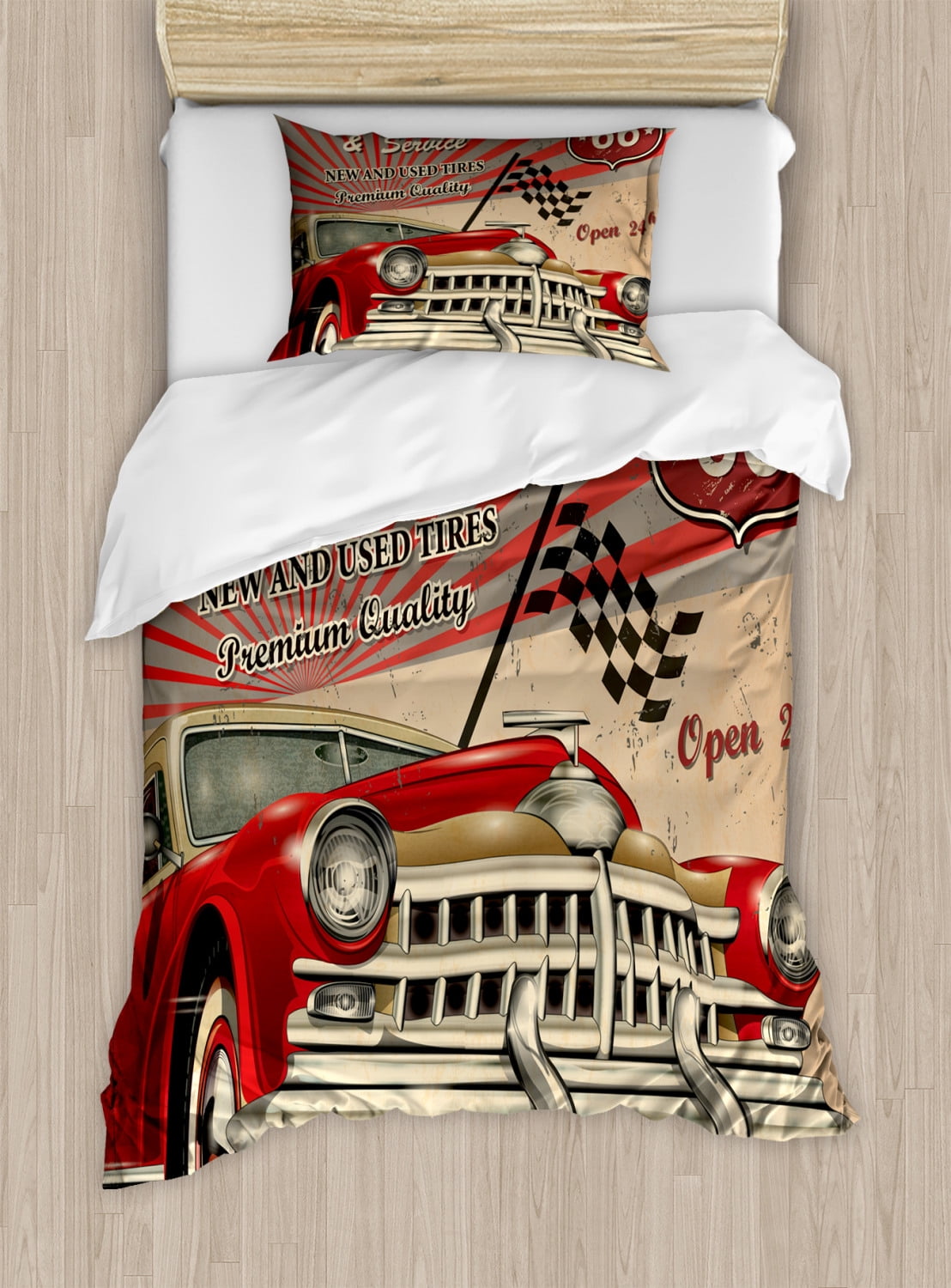 Cars Duvet Cover Set Twin Size, Tires Shop and Service Route 66 Emblem ...