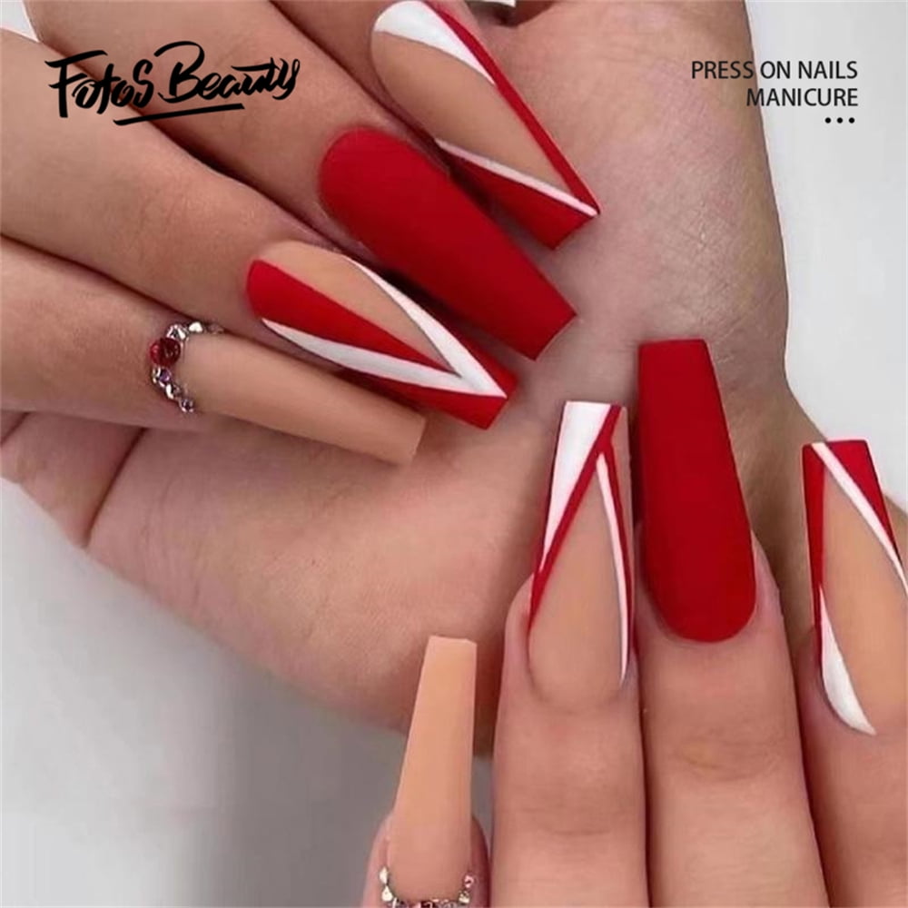 Fofosbeauty 24 pcs Long False Nails, Press-on Nails Designs 2022, Red ...