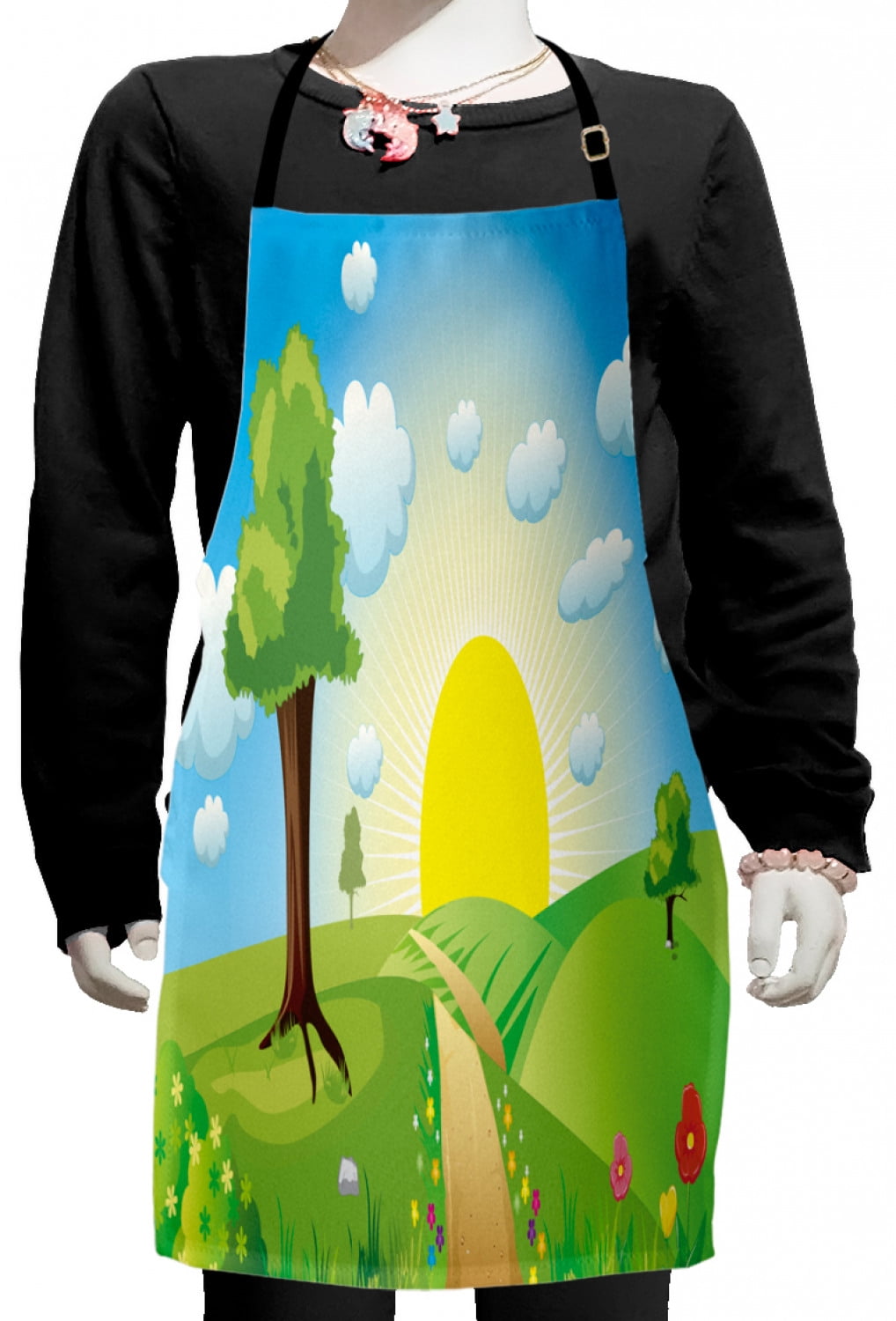 Country Kids Apron, Landscape of Hills Covered with Green Grass and ...