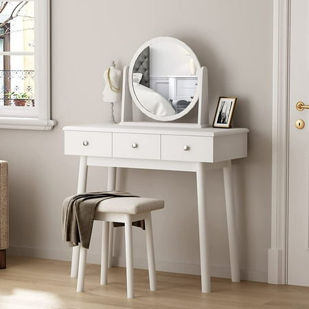 Vanity Dressing Table Set Wooden Contemporary with 360° Pivoting Mirror ...