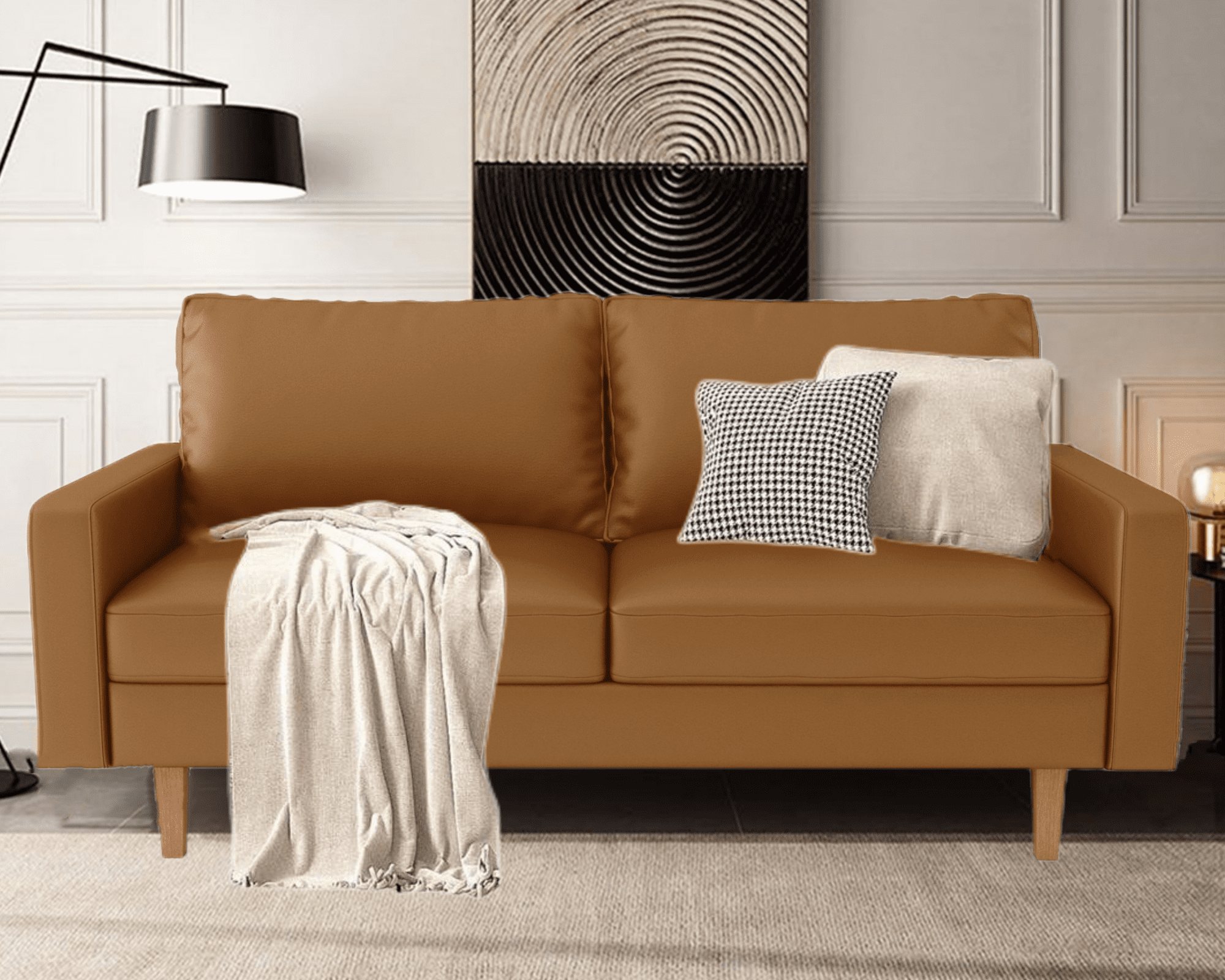 70" Faux Leather Square Arm Sofa Mid-Century Small Sofa with Solid Wood ...