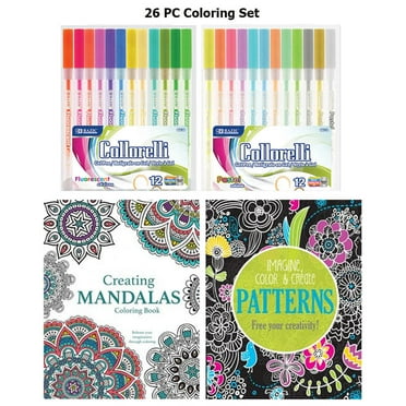 26 Pc Coloring Set Book Pens Glitter Gel Stress Relieving Mandala ...