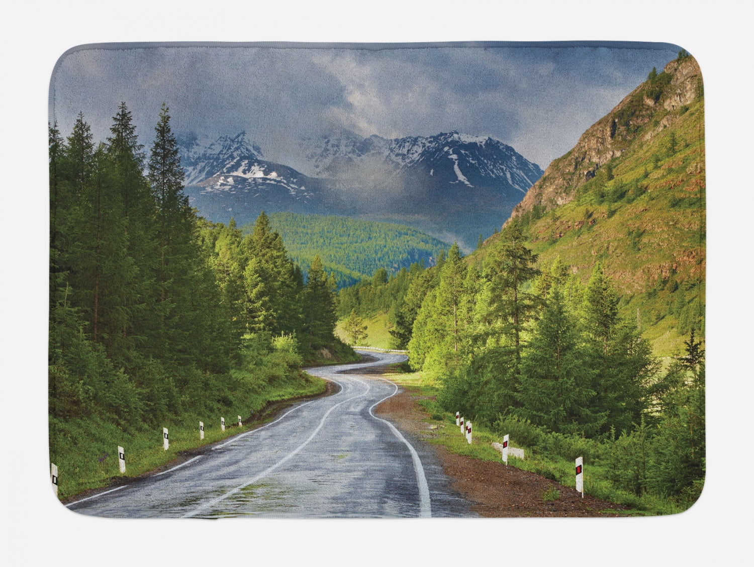 Woodland Bath Mat, Mountain Landscape Road Cloudy Sky Pine Trees Forest ...