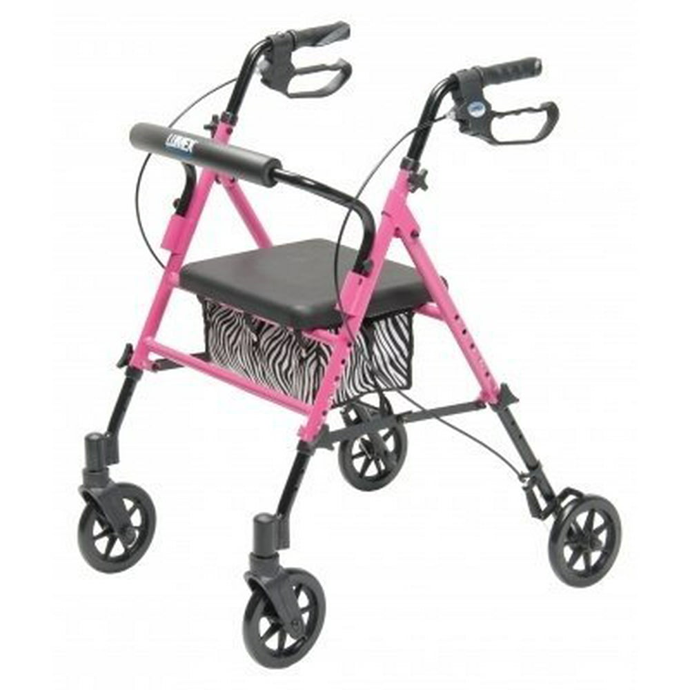 Lumex Set N' Go Adjustable Rollator-Pink with Zebra Pouch-Seat Height ...