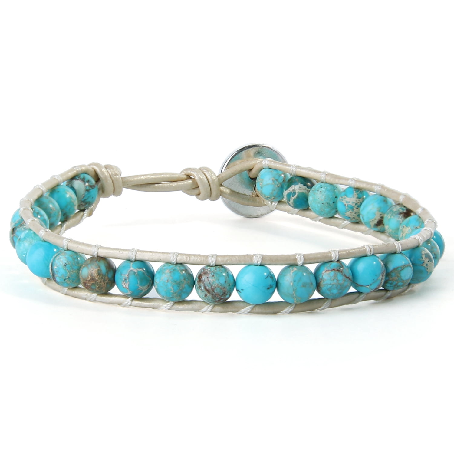 KELITCH 6mm Turquoise Beaded Wrap Bracelet Womens White Leather Bracelets Handwoven New Charm ...