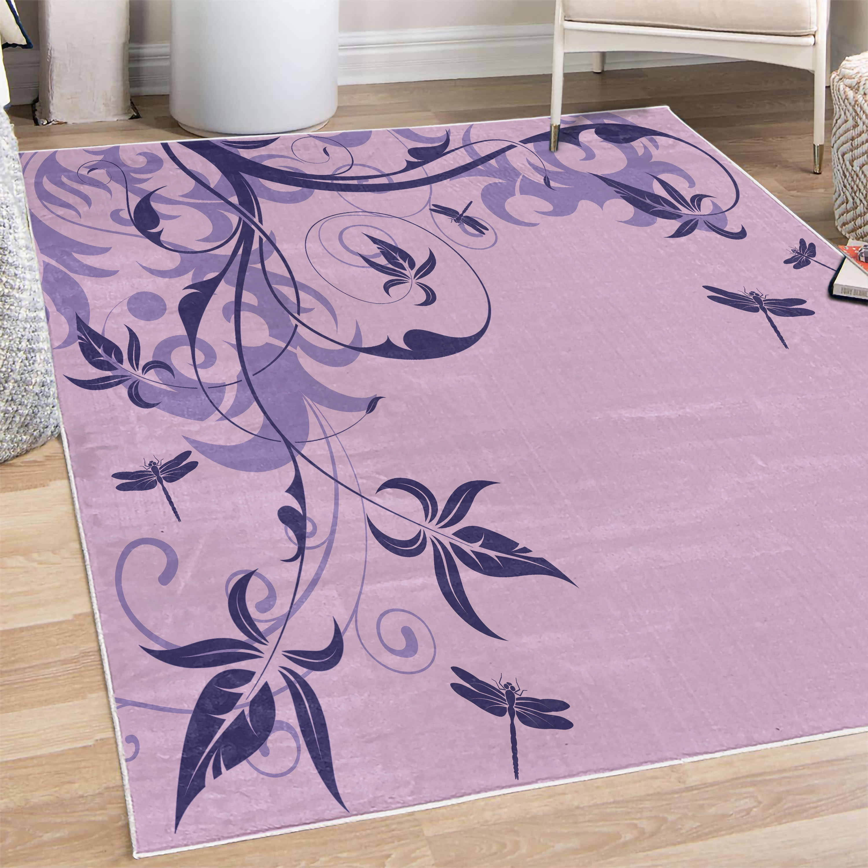 Dragonfly Decorative Rug, Swirled Floral Background Damask Curl ...