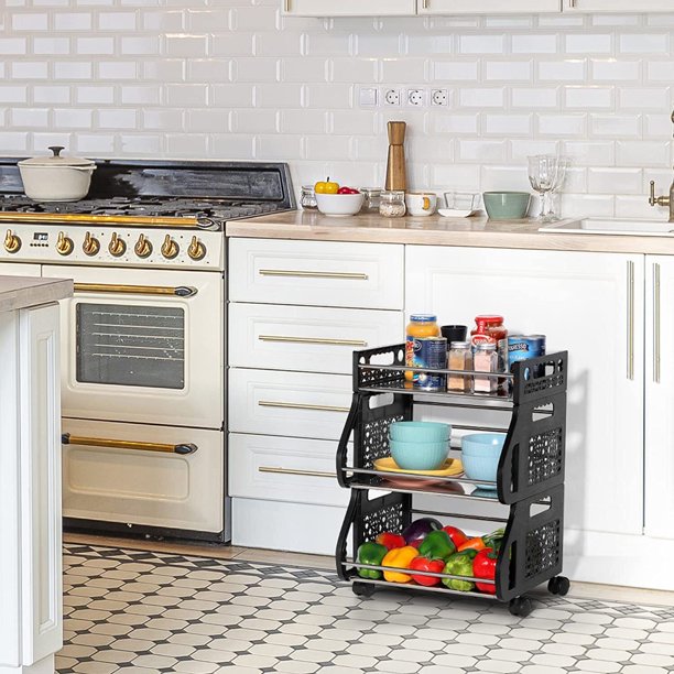 3 Tier Rolling Home Metal Storage Shelf Basket Utility Cart Stackable ...