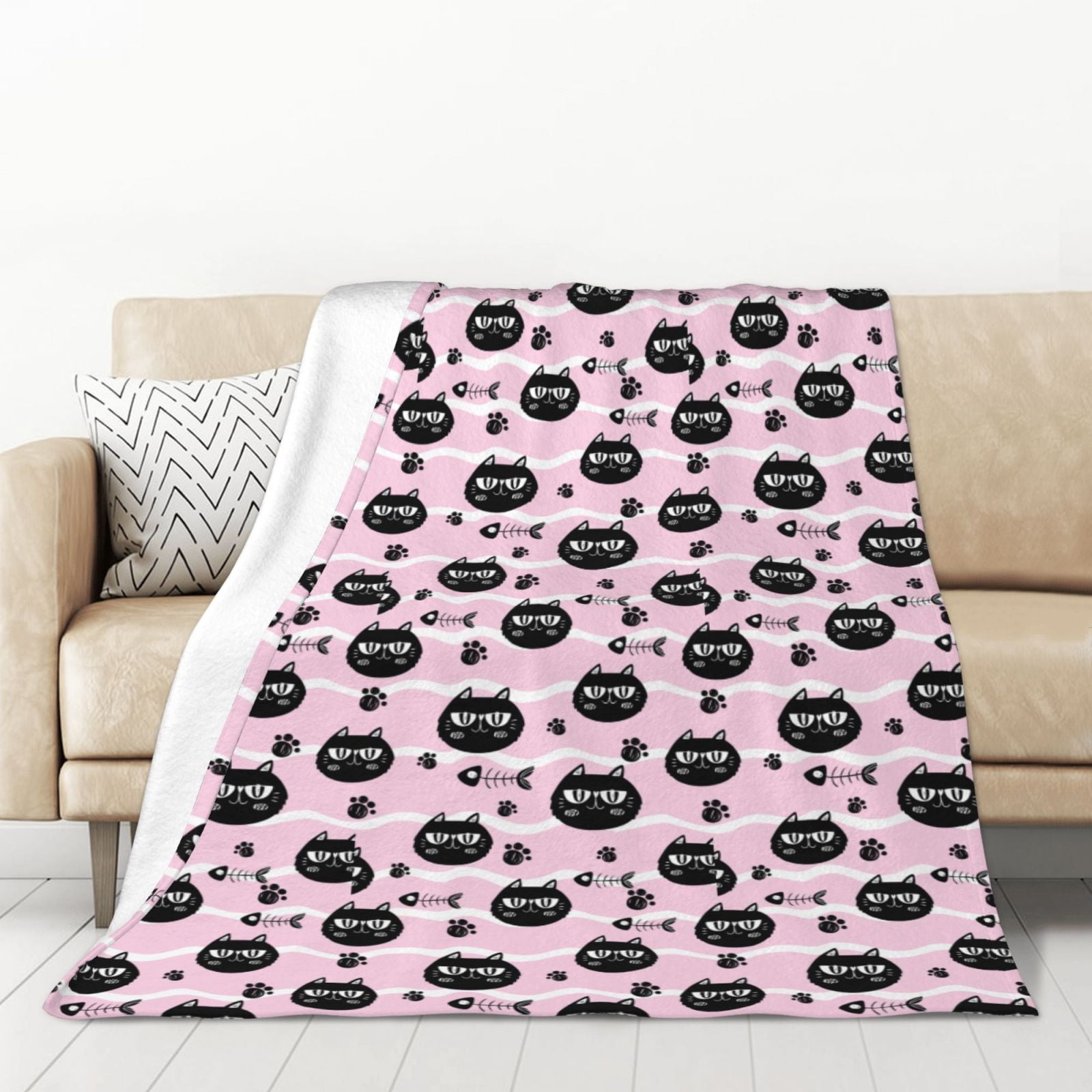 XMXT Throw Blankets, Cartoon Cat Claw Fish Bone Bed Blanket for Bedroom ...