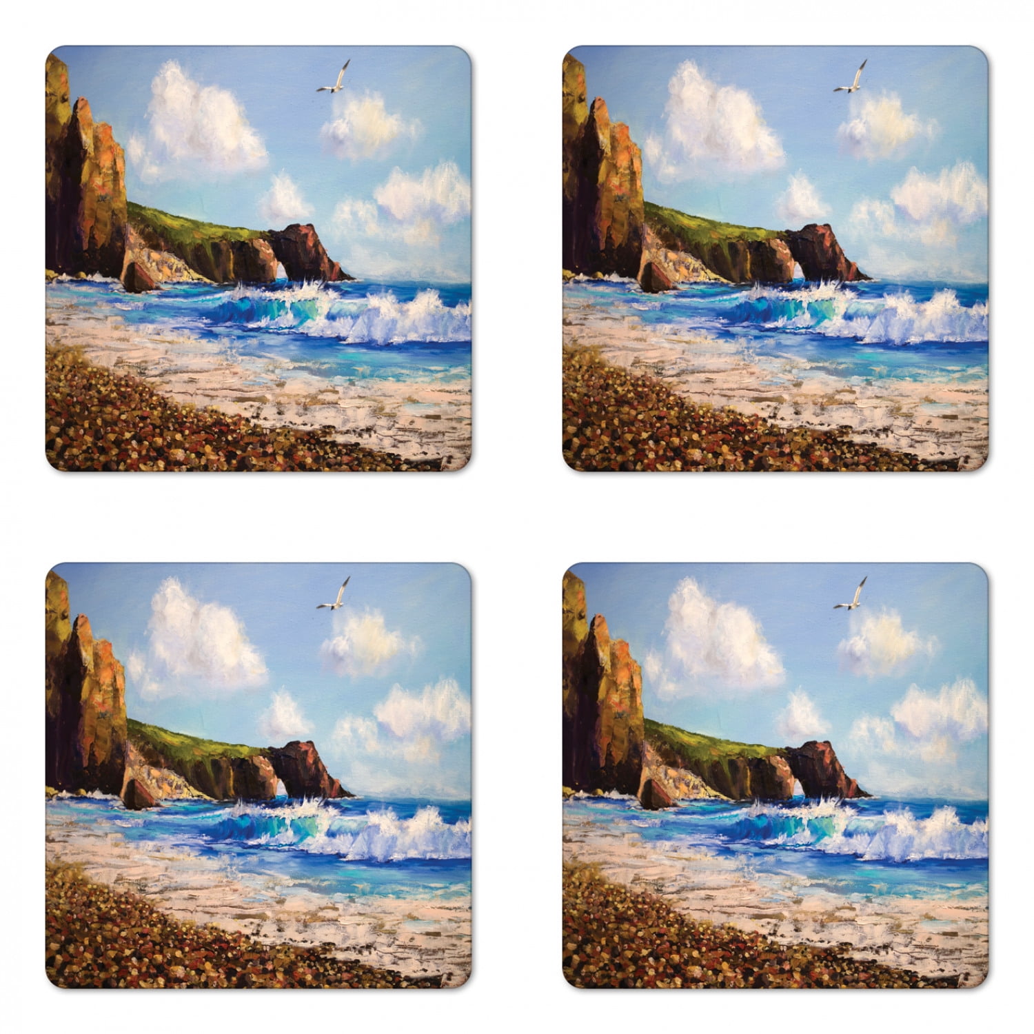 Country Coaster Set of 4, Painting of a Sea Coast with Rock Beach Shore ...