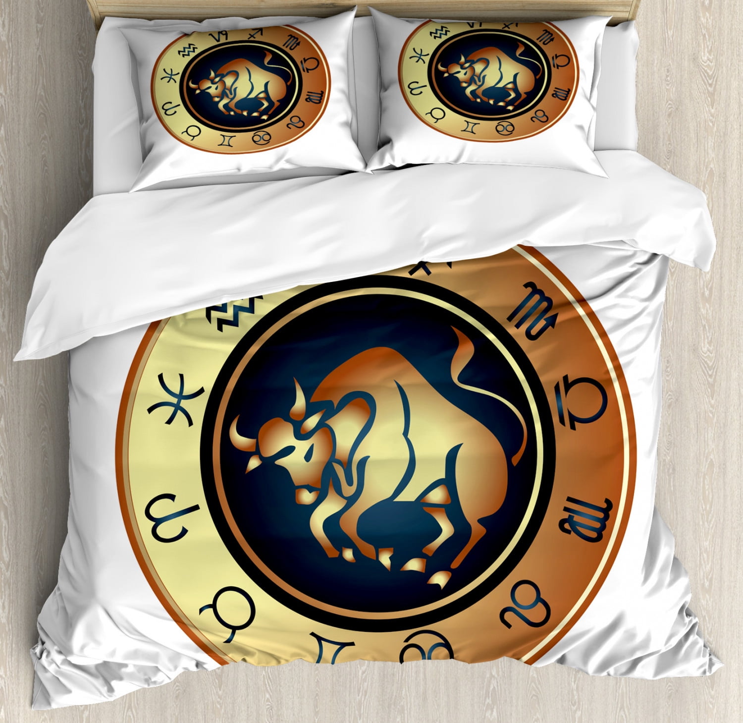 Zodiac Taurus King Size Duvet Cover Set, Circle with Twelve Signs Bull ...