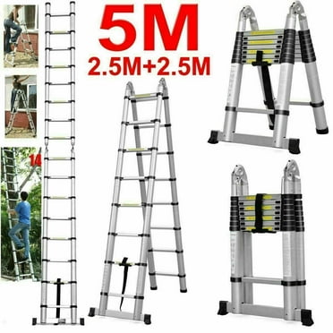 16.5FT/5M(2.5M+2.5M) Aluminum Telescoping Extension Ladder Portable Multi-Purpose Folding A ...