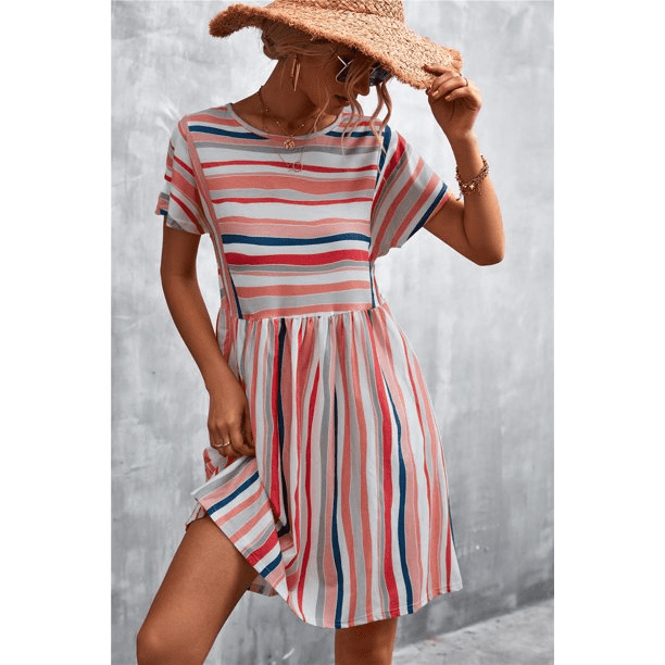 Women Short Sleeve Tunic Dress Casual Striped Crew Neck Dresses Summer ...