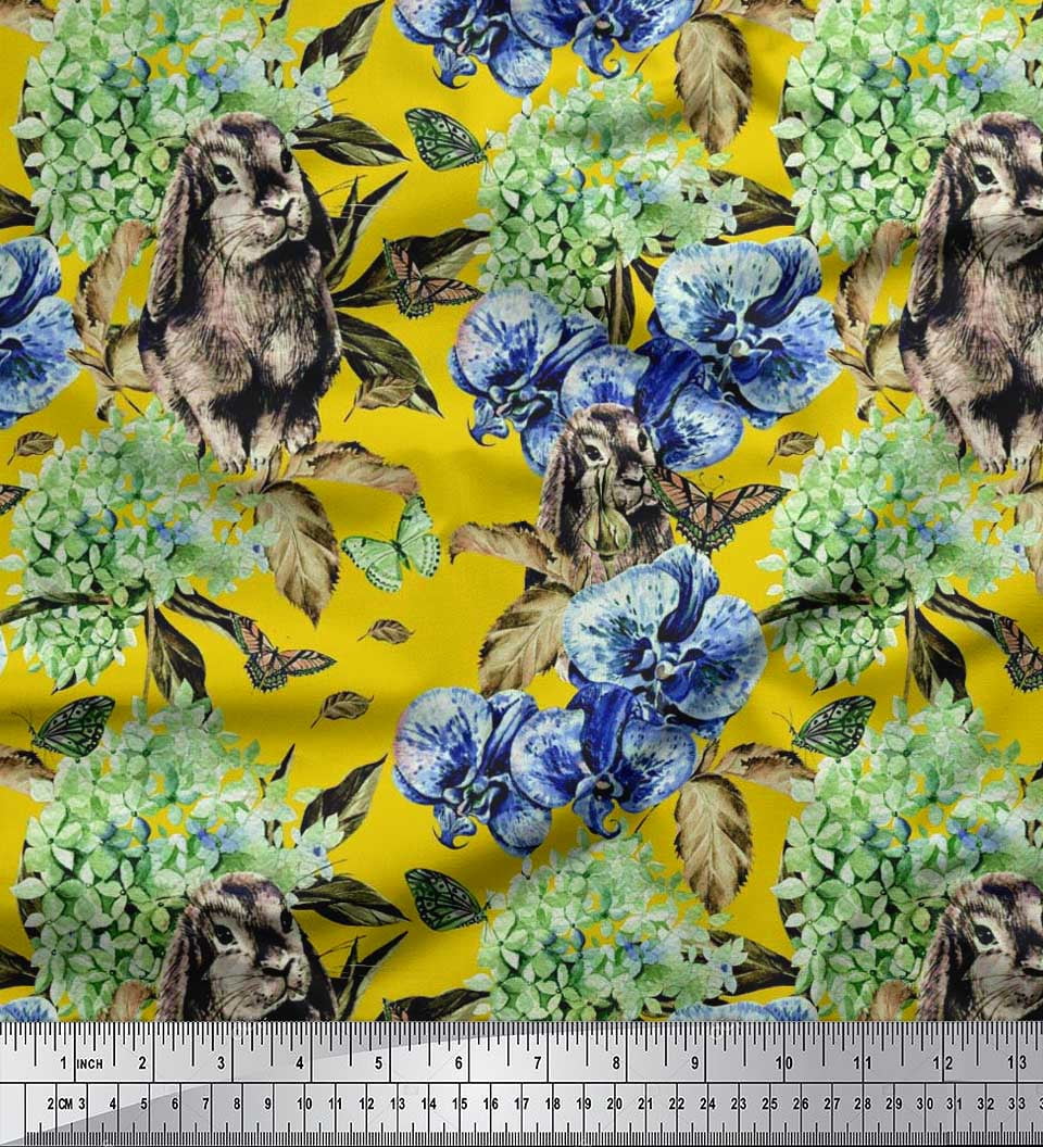 Soimoi Satin Silk Fabric Rabbit,Lilac & Pansy Floral Fabric Prints By ...