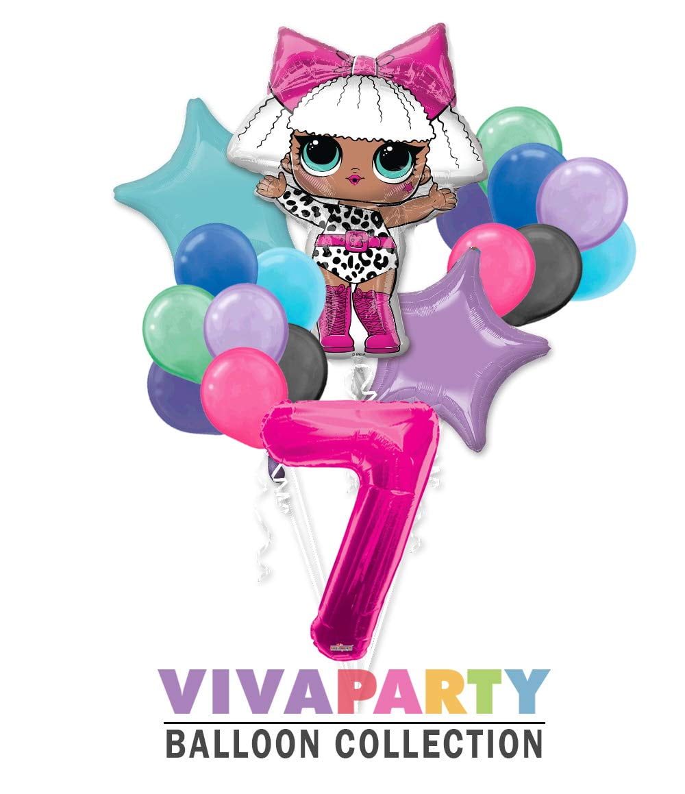 LOL Round Balloon Bouquet 18 pc, 7th Birthday, Hot Pink Number 7 Jumbo ...