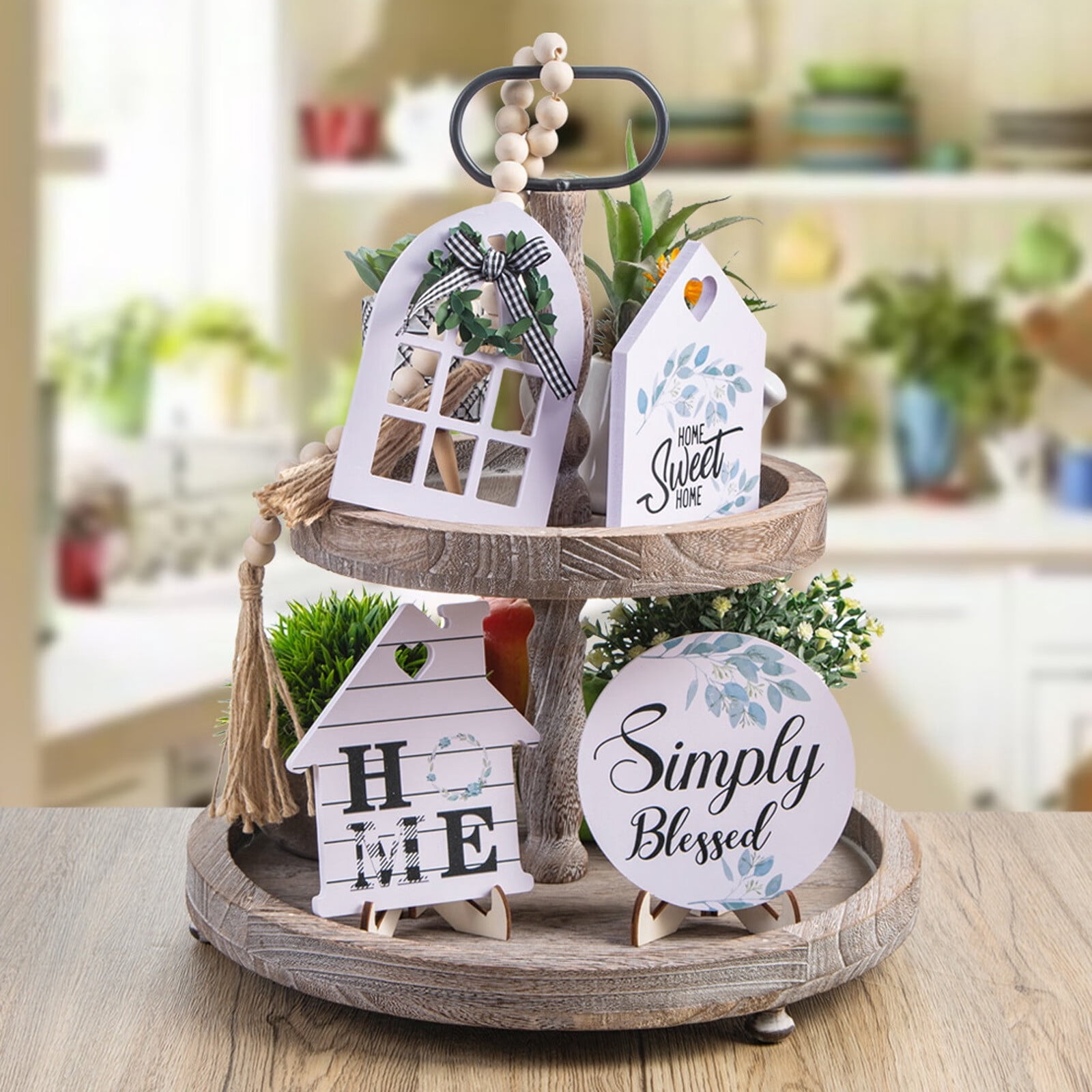 WTN Farmhouse Vintage Wood 2-Tier Serving Tray with Round Metal Handle ...