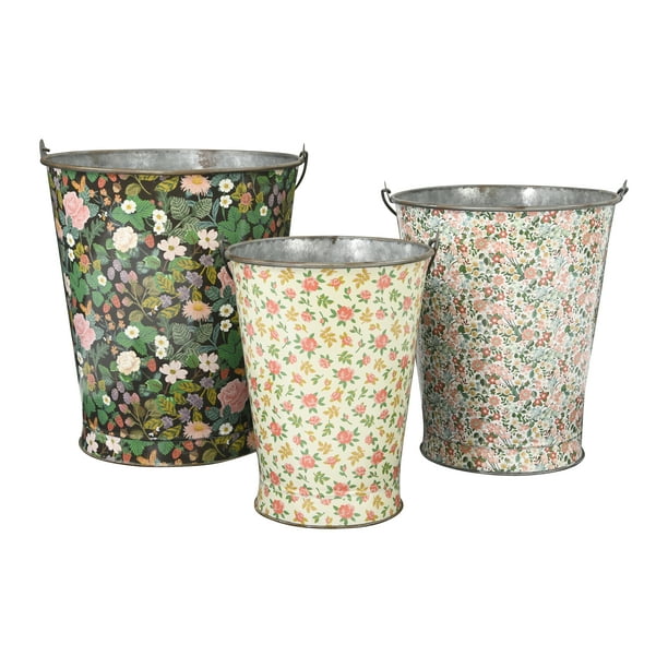 Creative Co-Op Large Decorative Metal Buckets with Varied Floral ...
