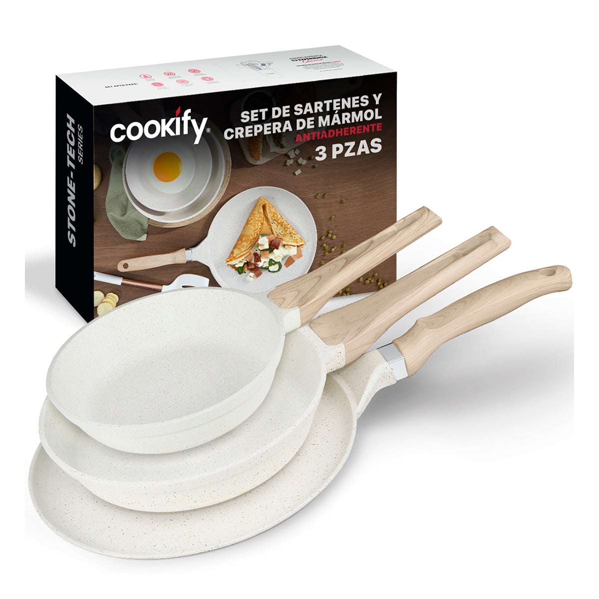 Set de 3 Piezas de Sartén Antiadherente de Mármol Cookify (Beige, 20 cm ...