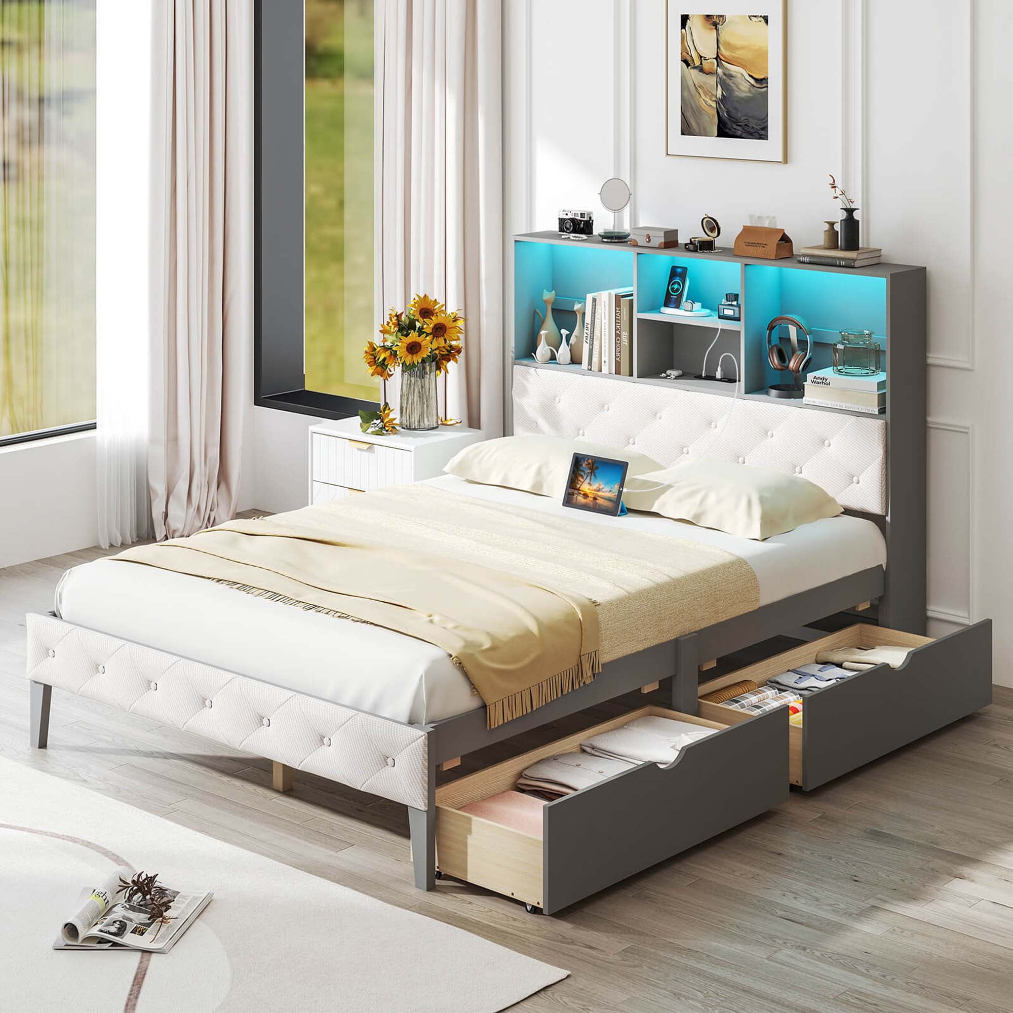 Click here for Costway Full Size Bed Frame With Bookcase Headboar... prices