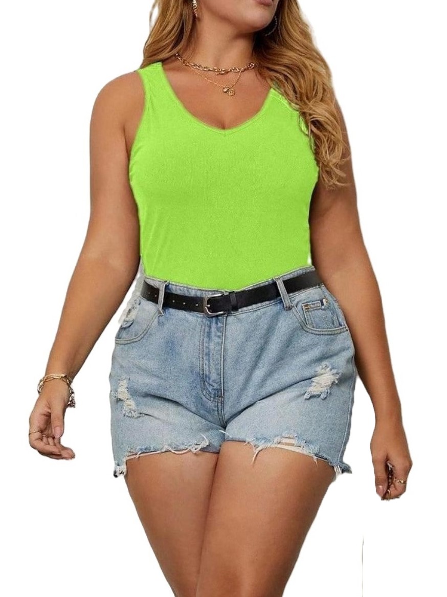 Casual Solid V neck Tank Lime Green Plus Size Tank Tops & Camis (Women ...
