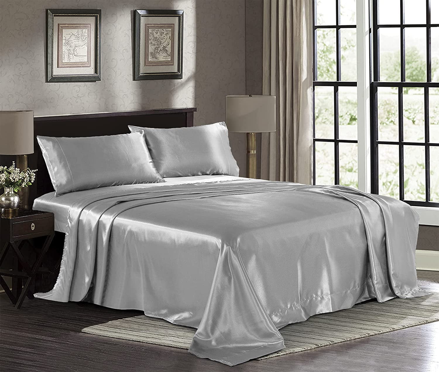 Seasonwood Microfiber Satin Grey Sheets Queen Size Luxury Silk 4-Piece ...