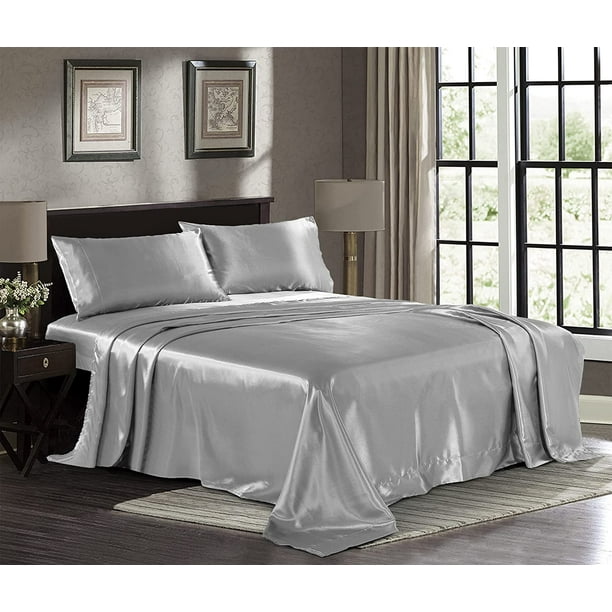 Seasonwood Microfiber Satin Grey Sheets Queen Size Luxury Silk 4-Piece ...