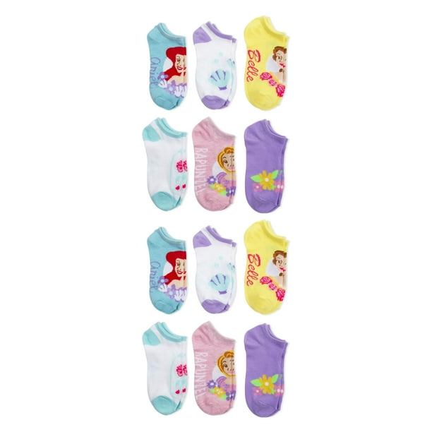 Disney Princess Girls Socks, 12 Pack No Show (Ariel, Belle, & Rapunzel ...
