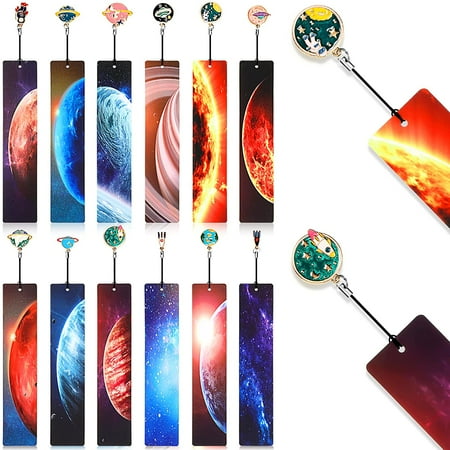 12 Pieces Space Theme Bookmarks with Metal Planets Pendants and Starry ...