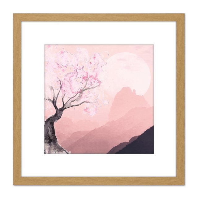 Pink Landscape Tree Mountain Illustration 8X8 Inch Square Wooden Framed ...