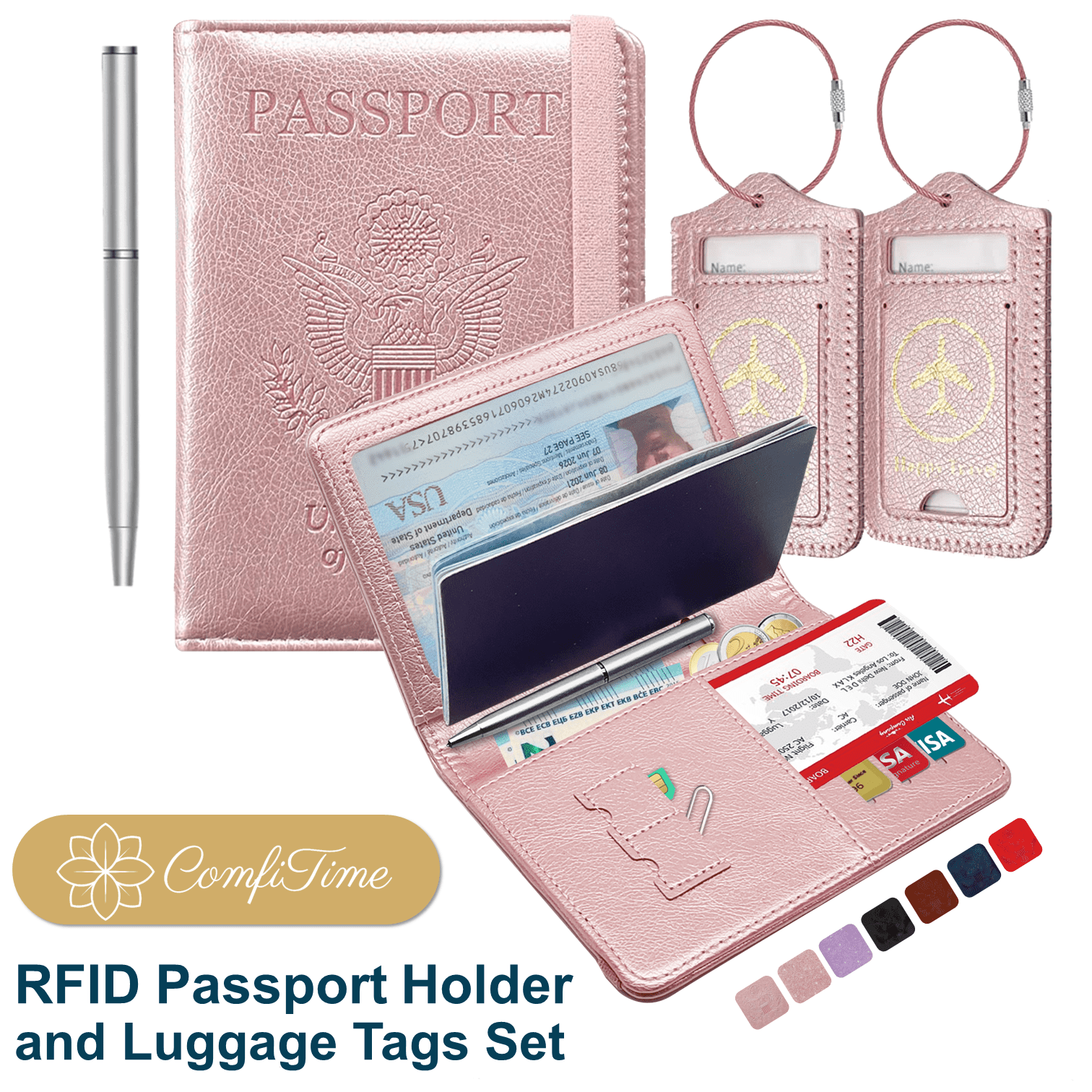 ComfiTime RFID Passport Holder & Luggage Tags Set - Travel Wallet with ...