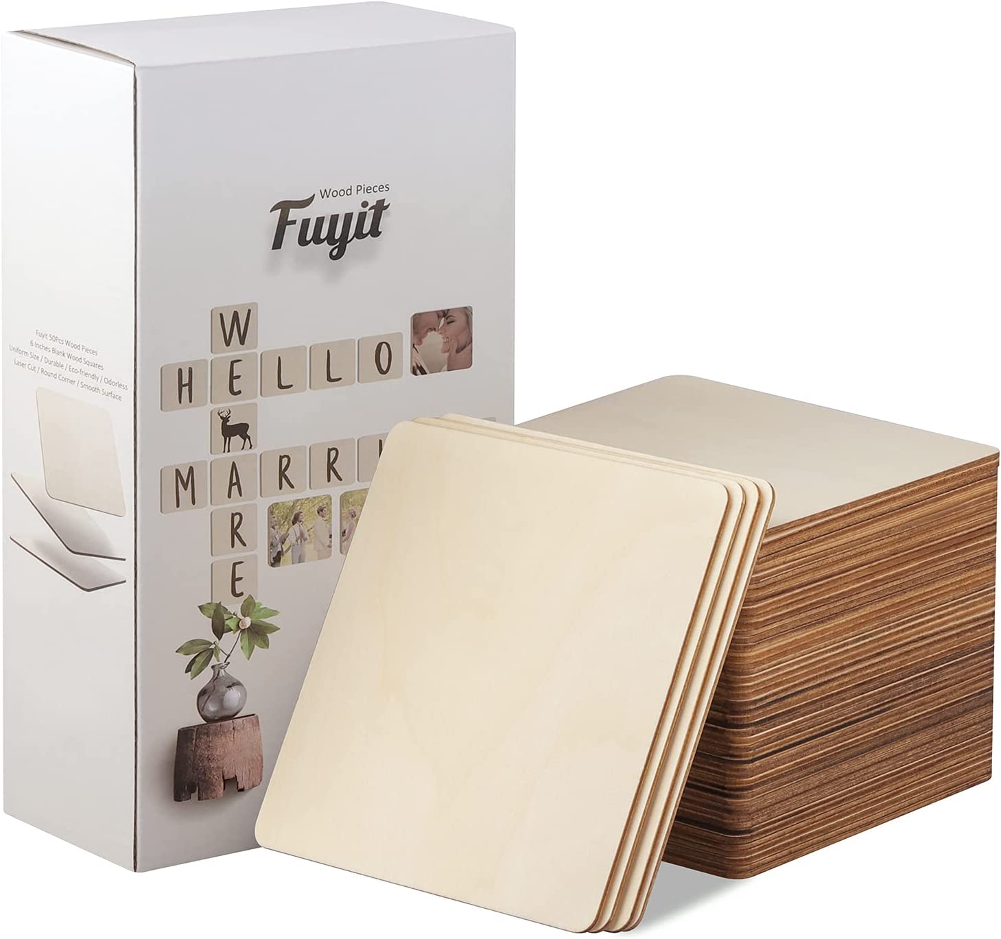 Fuyit Unfinished Wood Pieces, 50Pcs 6x6 inch Blank Natural Wood Square ...