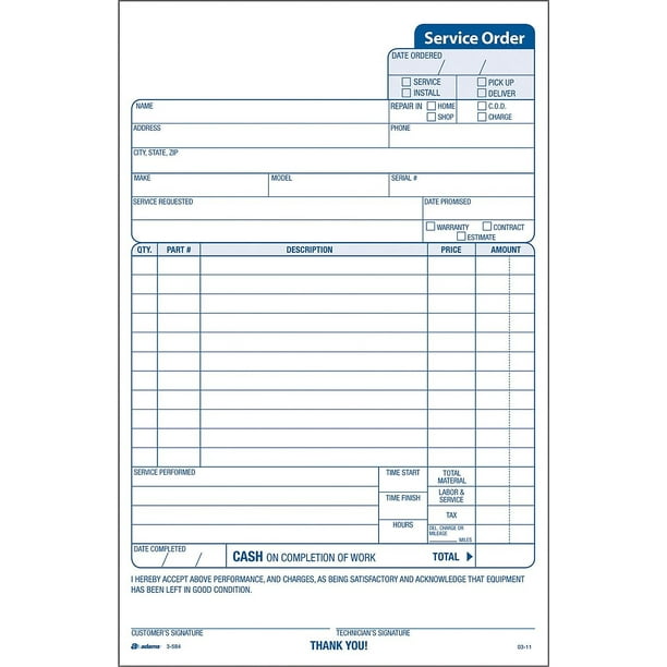Adams Service Order Forms 250/Pack 5-1/2 x 9 3-584 - Walmart.com ...