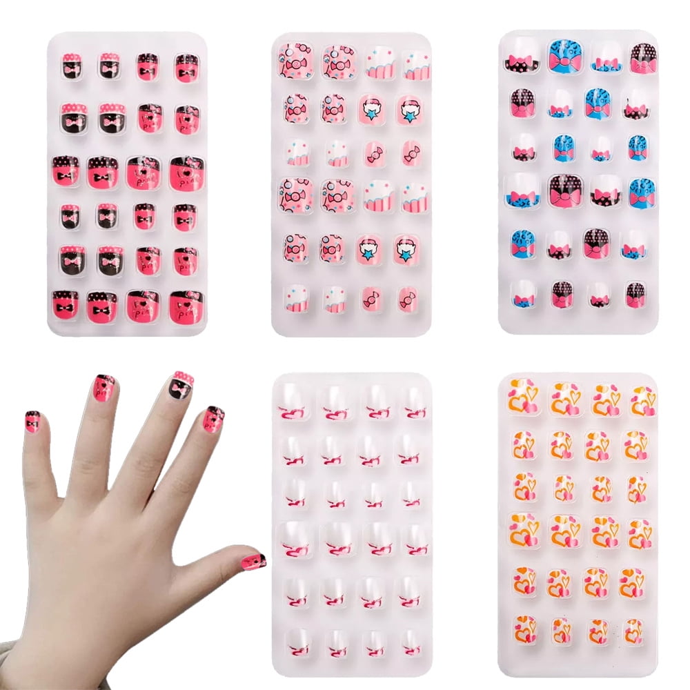 5 sets Children Fake Nails Full Cover Short False Nail Lovely Gift for ...