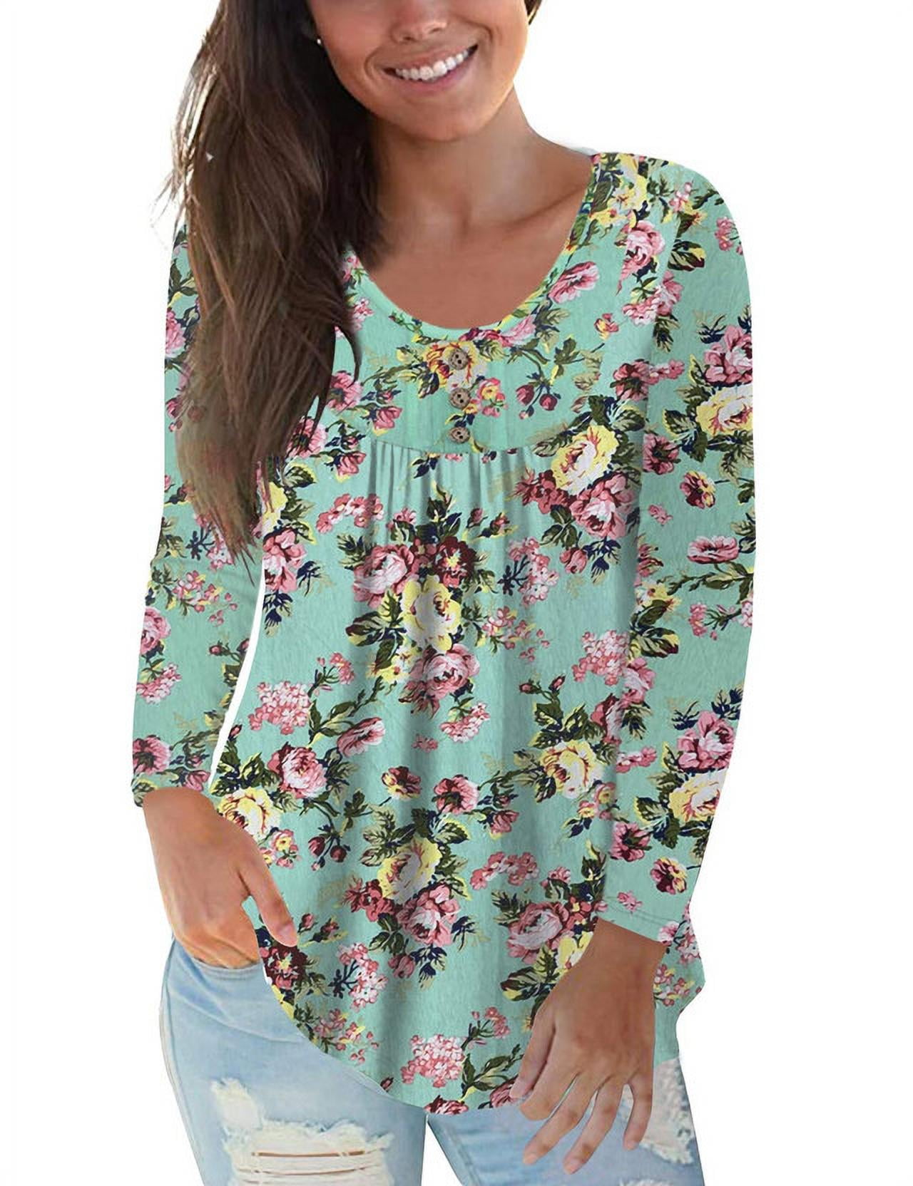 GingDin Women's Plus Size Floral Shirt Long Sleeve Round Neck Loose ...
