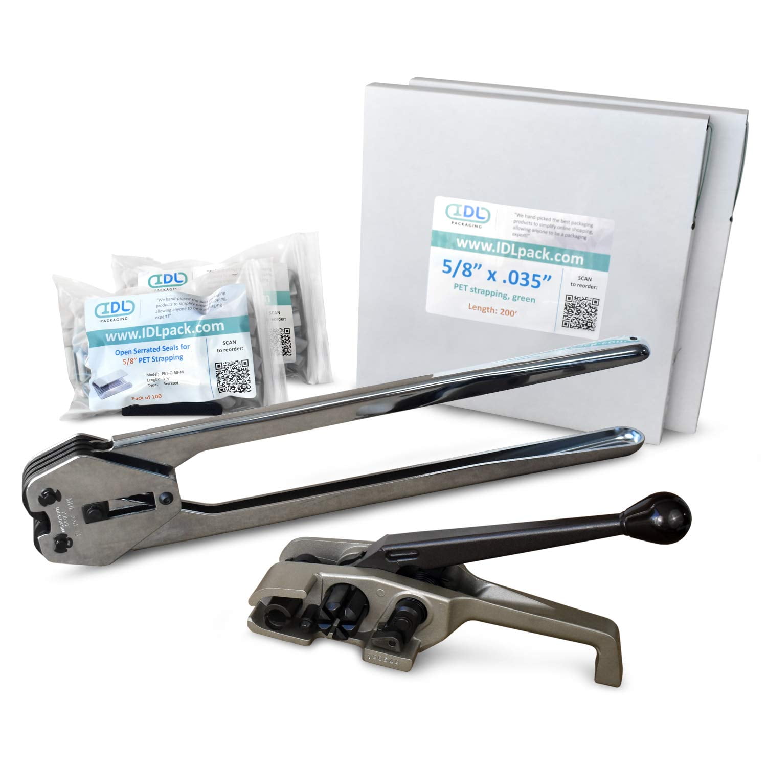 IDL Packaging 5/8" x 400' PRO Polyester (PET) Strapping Kit, 1400 lbs. Break Strength - Include ...