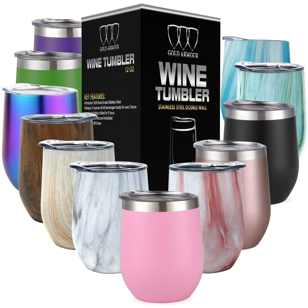 Stainless Steel Stemless Wine Glass Tumbler With Lid 12 Oz Double