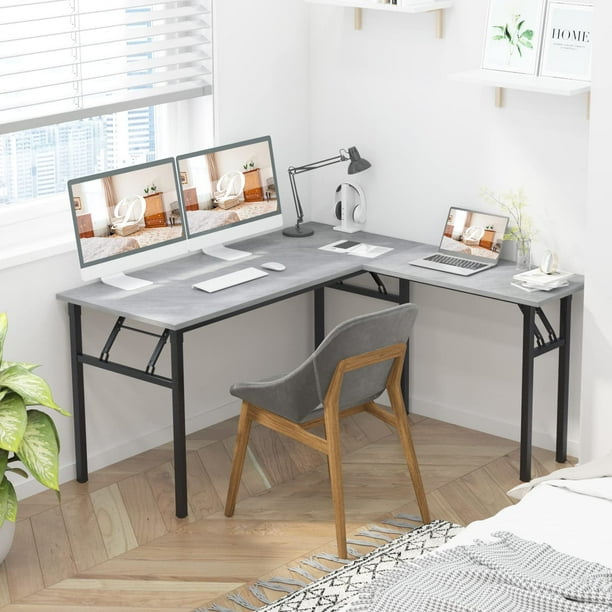 Wellynap 55" Folding L-Shaped Computer Desk, Large Corner Desk for Home & Office - Gray ...