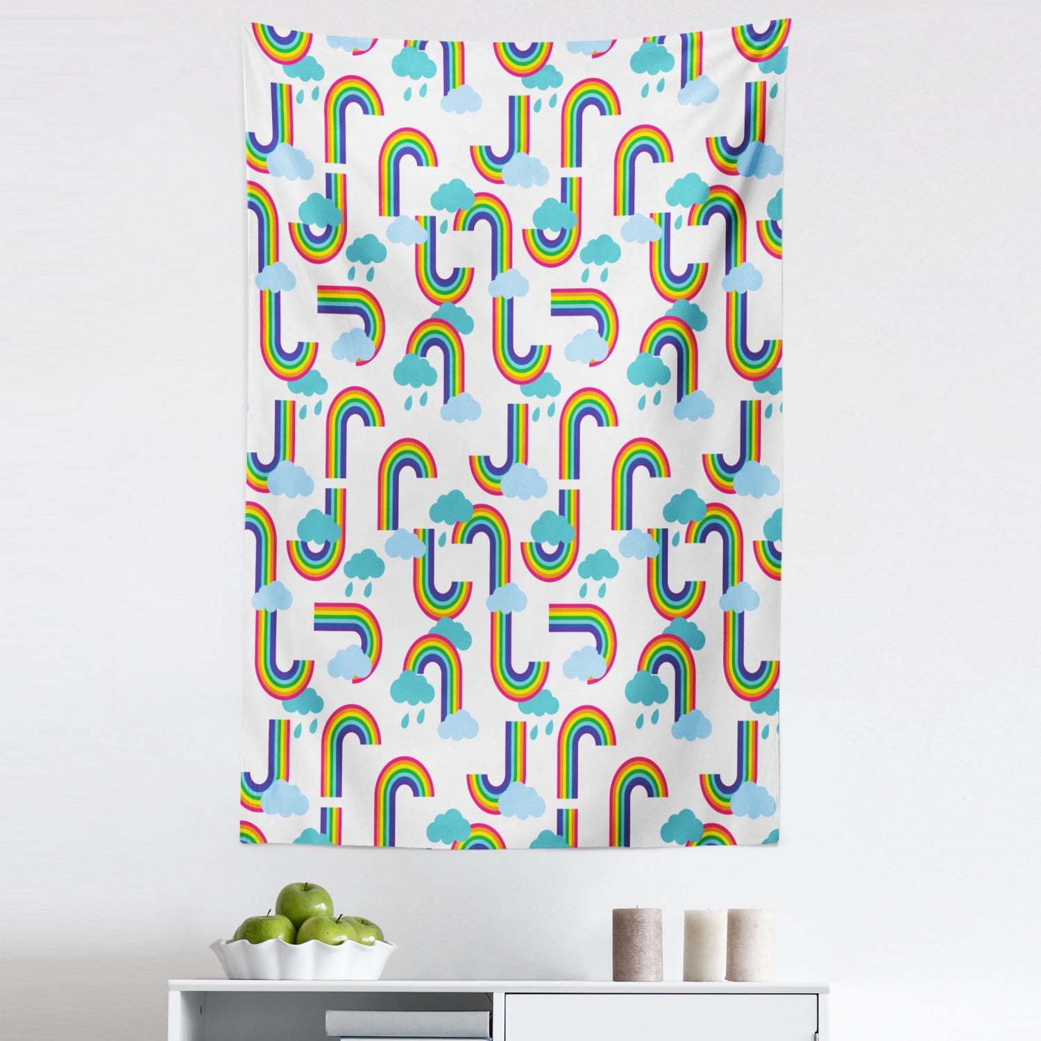 Cartoon Tapestry, Repeating Themed Pattern of Rainbows and Clouds Sky ...
