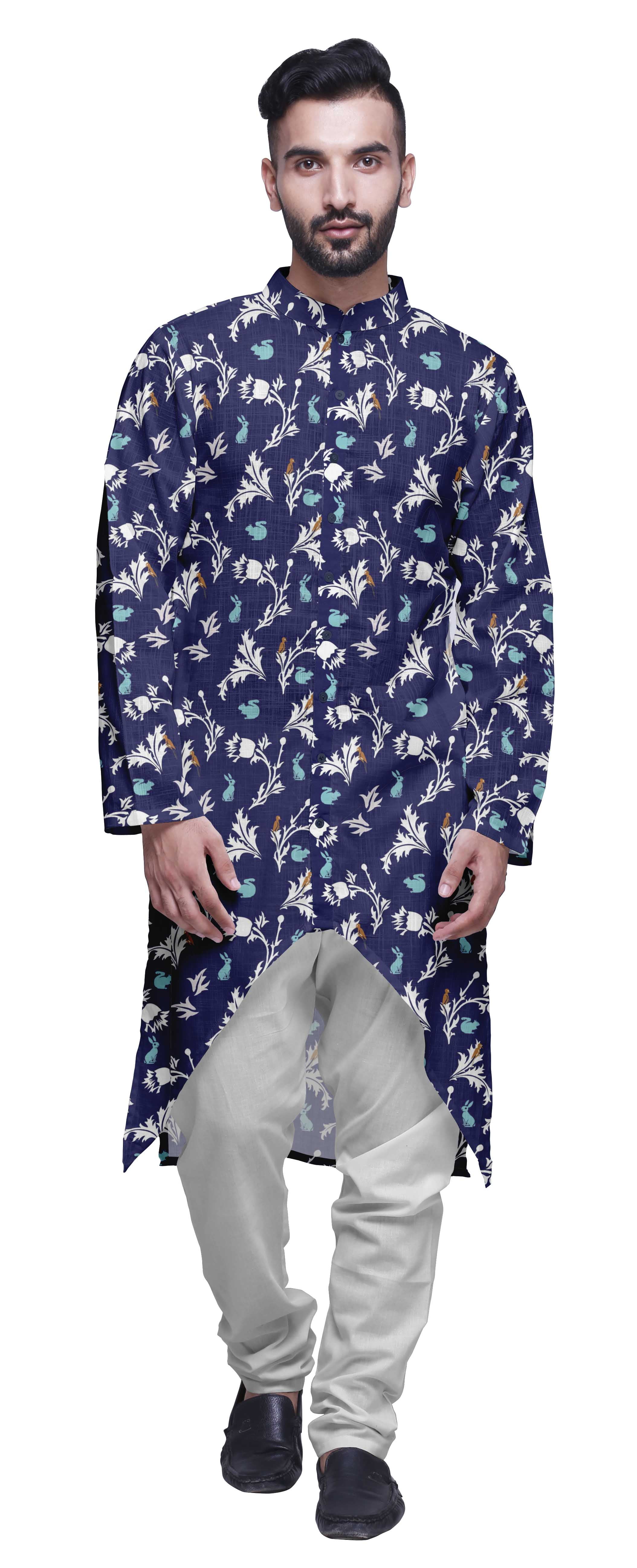 Atasi Button Down Asymmetrical Kurta For Men Printed Mandarin Long ...