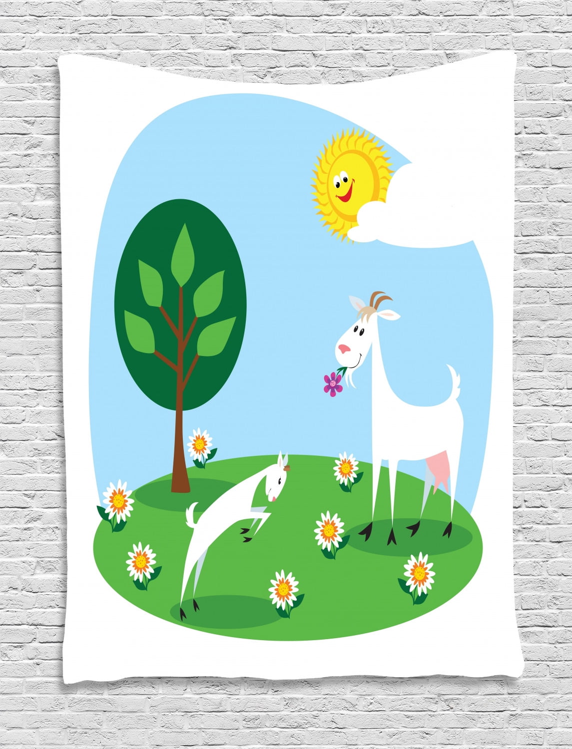 Goat Tapestry, Cartoon Goat and His Baby Playing in the Meadow Eating ...