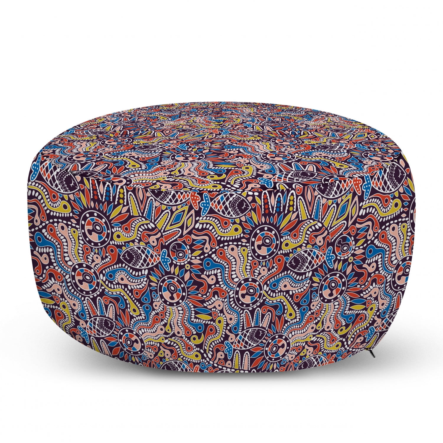 Ethnic Pouf Cover with Zipper, Mosaic Style Folk Prehistoric Historical ...