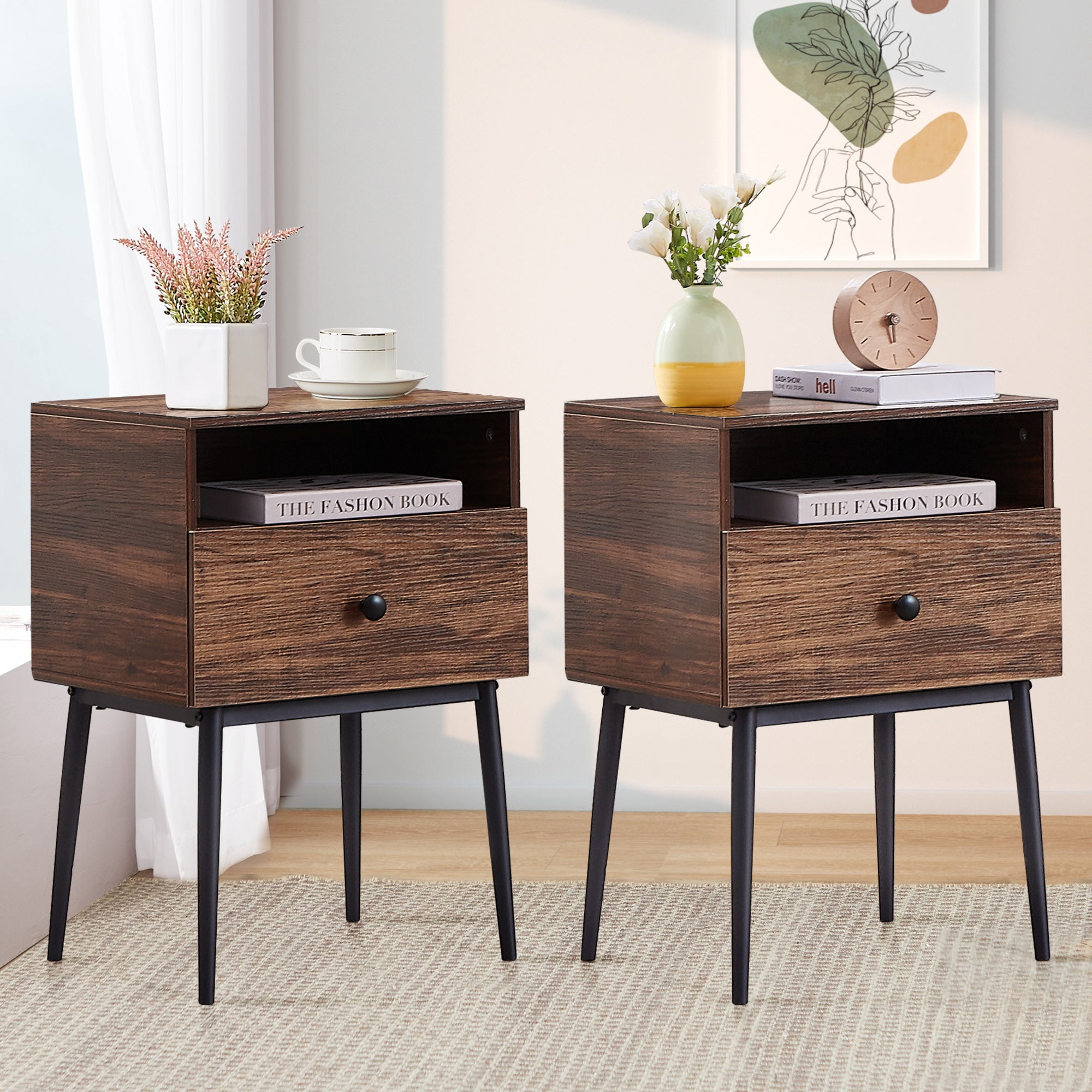 VECELO Set of 2 Nightstand with Drawer and Shelf, Modern Square Side ...