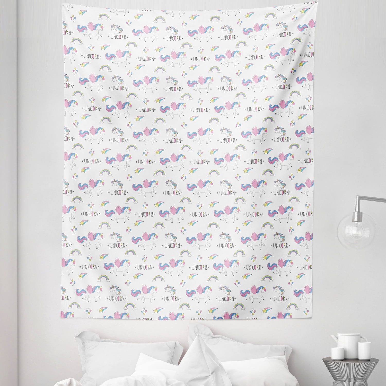 Cartoon Tapestry, Repetitive Pattern Unicorn Party Rainbow Hearts and ...